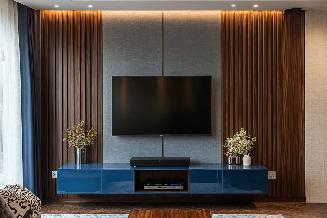 Modern Glossy Blue TV Unit Design With Grey Textured Wallpaper And ...