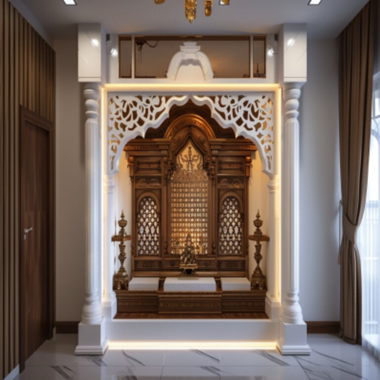 Contemporary Frosty White Floor-Mounted Mandir Design Contemporary Frosty White Floor-Mounted Mandir Design