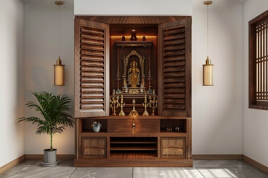 Contemporary Walnut-Toned Pooja Room Design With Open Shutters