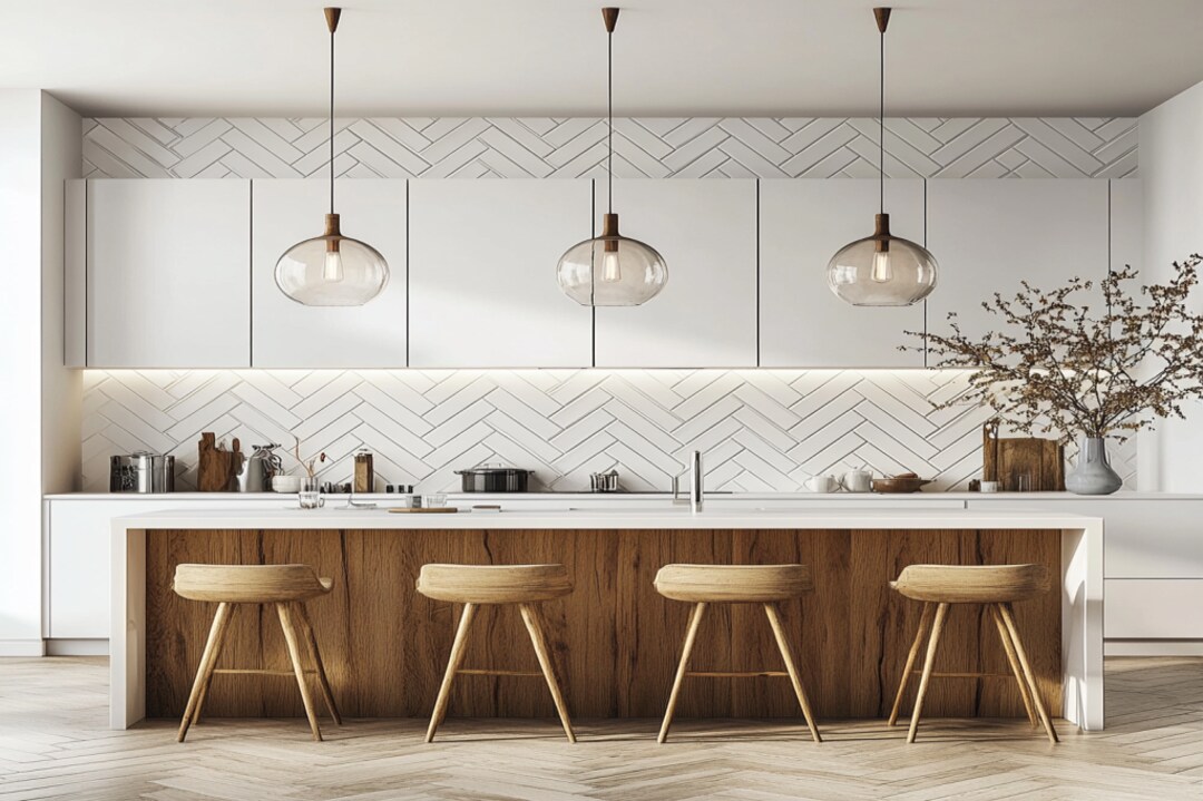 Modern White Porcelain Herringbone Kitchen Tile Design