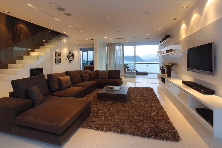 2 Modern Living Room Design With L-Shaped Brown Sofa And Multi-Step ...