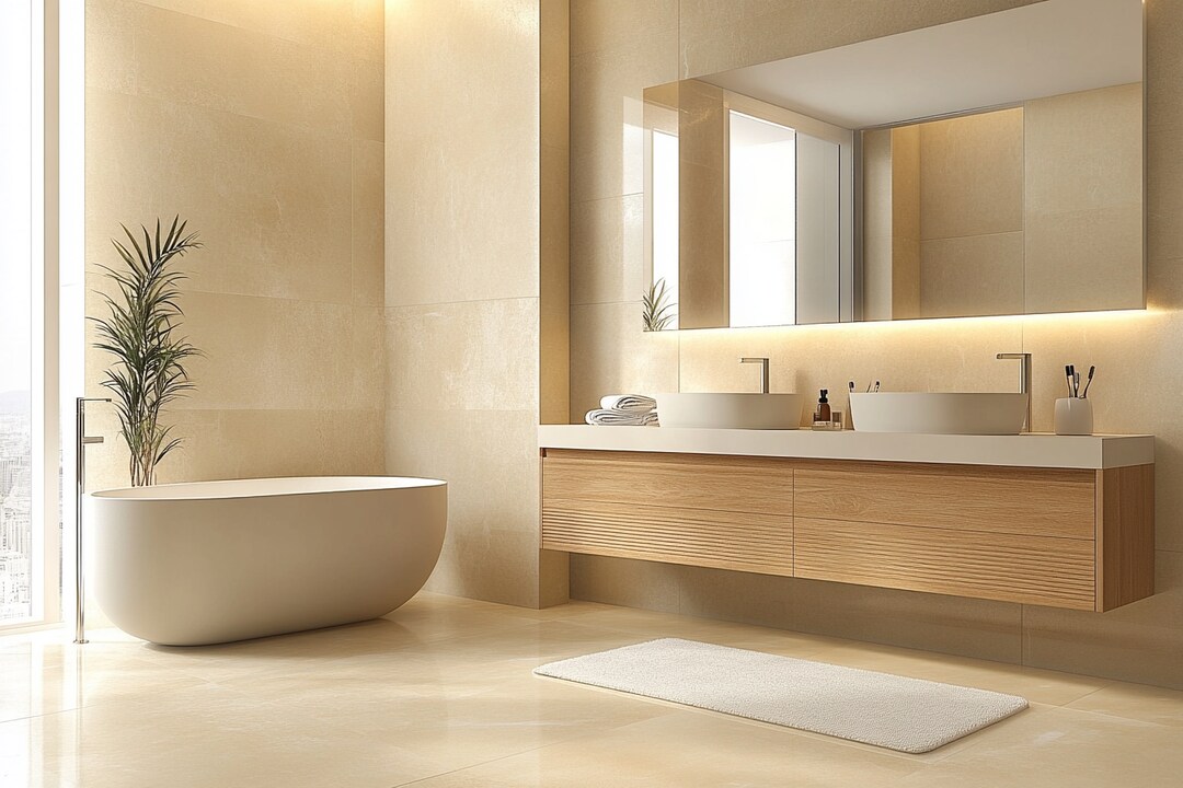 Contemporary Beige Bathroom Design With White Bathroom Counterop And ...