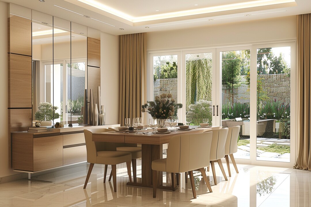 Classic 6-seater White And Wood Dining Room Design With Bevelled ...