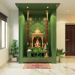 Contemporary Wall-Mounted Wood And White Pooja Room Design With Blue ...