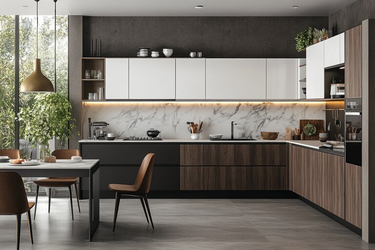 Industrial White And Dark Wood Open Modular Kitchen Design With Marble ...