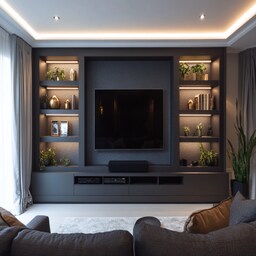 Streamlined Modern TV Unit Design in Walnut Bronze and White