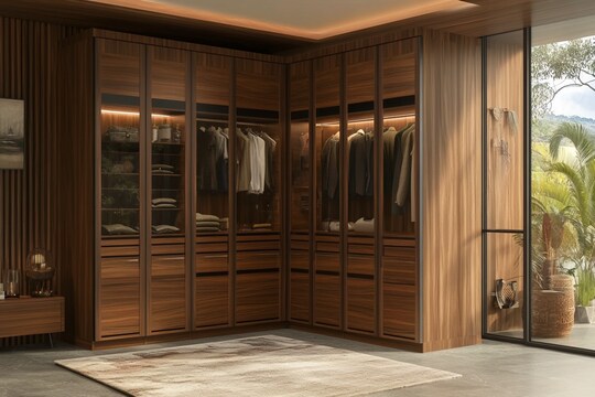 Contemporary 6-Door Cherry Walnut L-Shaped Walk-In Wardrobe Design With ...
