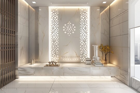 Modern Silver Frost And White Pooja Room Design With White CNC-Cut Back ...