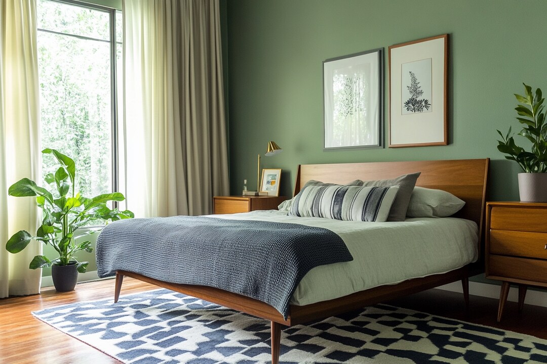 Mid Century Modern Pale Moss Green Bedroom Wallpaint Design