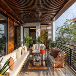 Contemporary Balcony Design with Blue Accent Wall and Stylish Furnishings