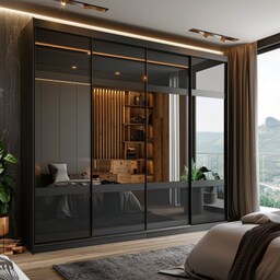 Modern Master Bedroom Design With 3-door White Swing Wardrobe And Leafy ...