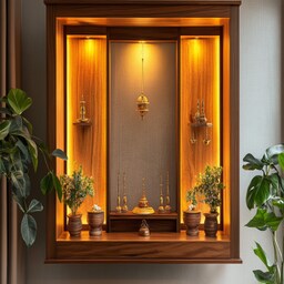 Floor Mounted Mid Century Pooja Unit Design with Back Lighting and Drawers