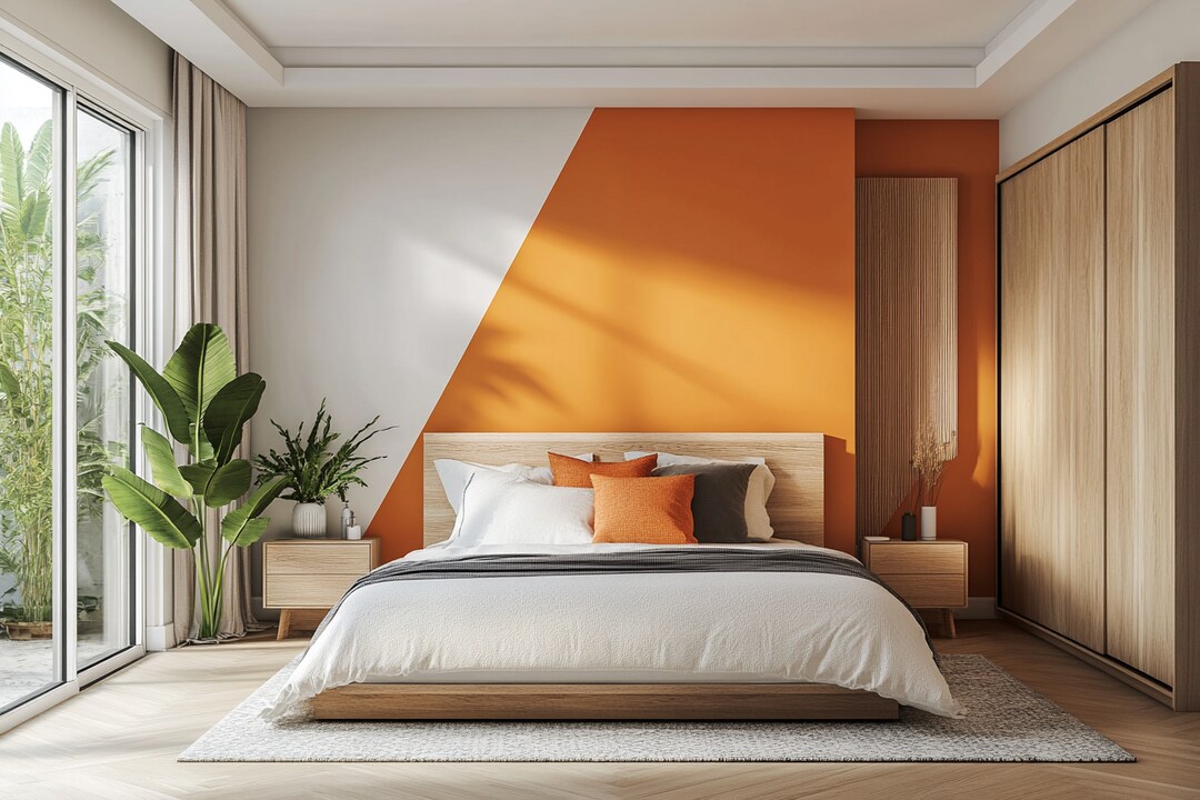 Modern Orange Master Bedroom Design With Tri-Toned Accent Wall And ...