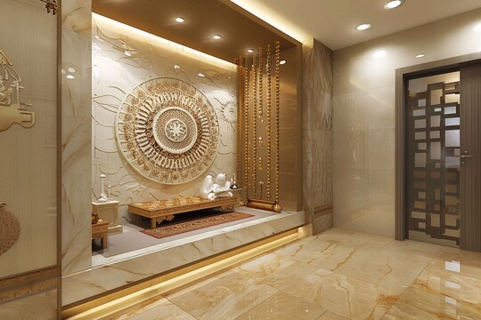 Modern Pooja Room Design With Om Mandala Wall Panel