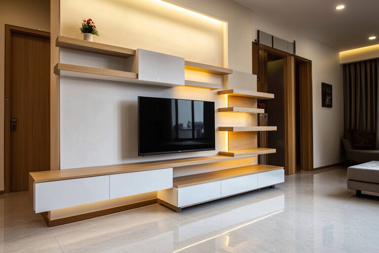 White And Wood Modern Floor-Mounted Stepped TV Unit Design