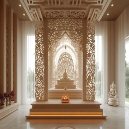 Modern Mandir Design With Marble Arc Wall