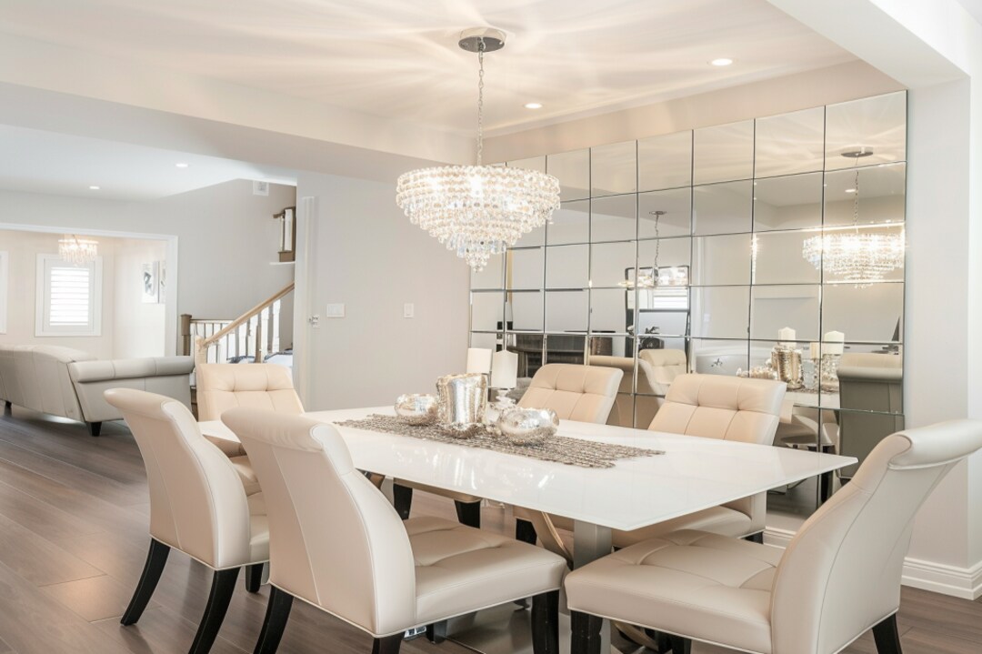 Contemporary White And Beige 6-Seater Dining Room Design With Bevelled ...