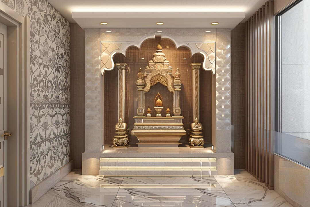 2 Modern Wood And Champagne-Toned Floor-Mounted Mandir Design With Grey ...