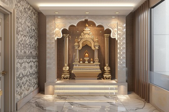 2 Modern Wood And Champagne-Toned Floor-Mounted Mandir Design With Grey ...