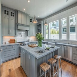Contemporary Open Kitchen Design in Metallic Silver Colour