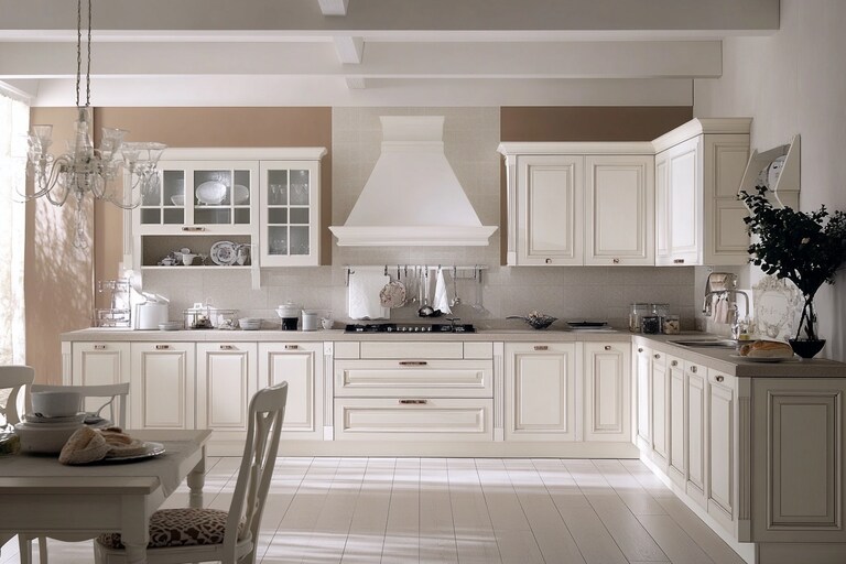 Classic Modular L Shaped Kitchen Design With White Kitchen Cabinets