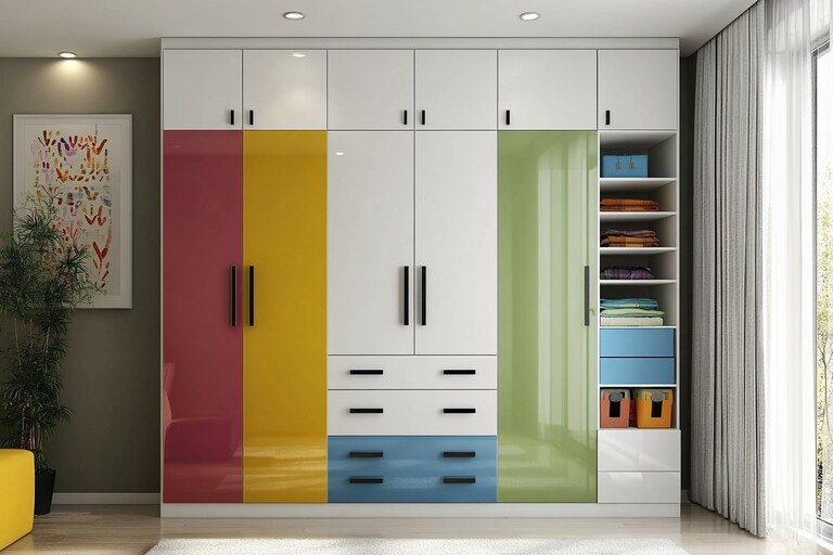 Modern 5-Door White Swing Wardrobe Design With Multicoloured Loft ...