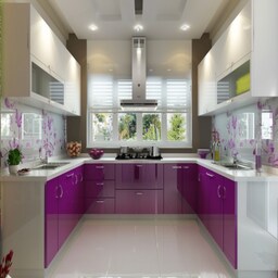 Contemporary L-Shaped Kitchen Design With Dark Pink Cabinets And ...