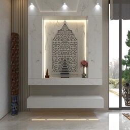 Contemporary Pooja Unit Design With A Marble And A Glass Countertop