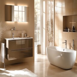 Contemporary Beige Bathroom Design With Black-Framed Glass Partition