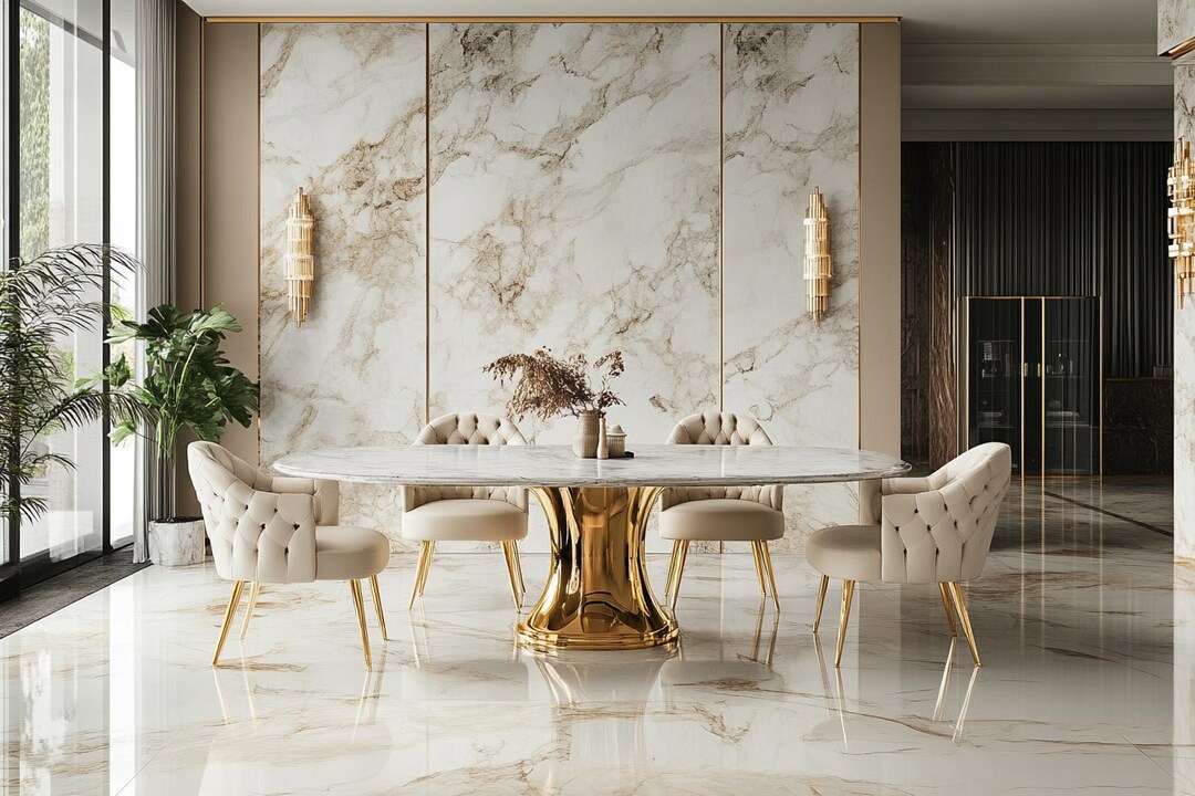 Modern Classic Marble Dining Room Design With Golden Legs And Buttoned ...
