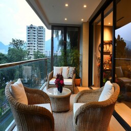 Contemporary Balcony Design with Grey Stone Cladding Wall and Wooden ...