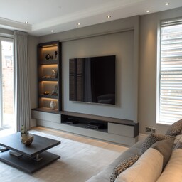 Contemporary TV Unit Design with Drawers and Open Rack Storage