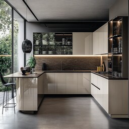 Modern Irish Cream Modular Parallel Kitchen Design With Moroccan Dado Tiles