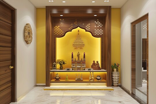 Traditional Pooja Design With Walnut-Toned Wall-Mounted Storage Unit ...
