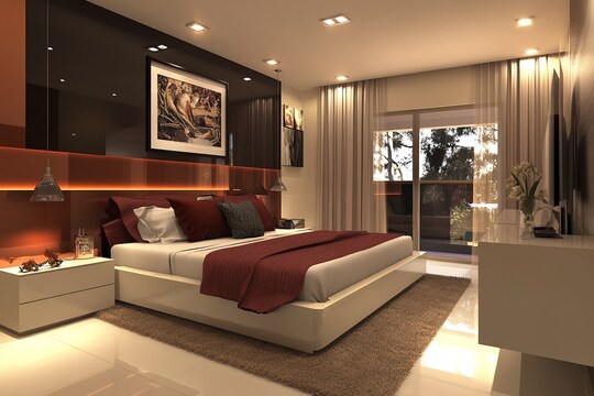 Modern Master Bedroom Design With Dark Glossy Accent Wall And Copper ...