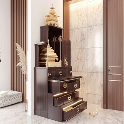 Contemporary White And Blue Mandir Design With Drawer And Shutter Storage