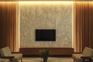 Modern TV Unit with Marble Back Wall and Wooden Fluted Panels