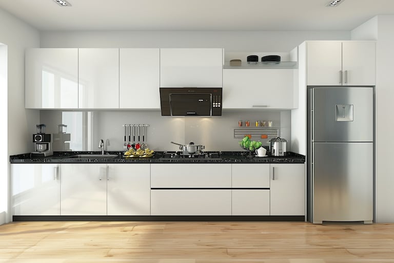 Minimal Modular Frosty White Straight Kitchen Design With Black Galaxy ...