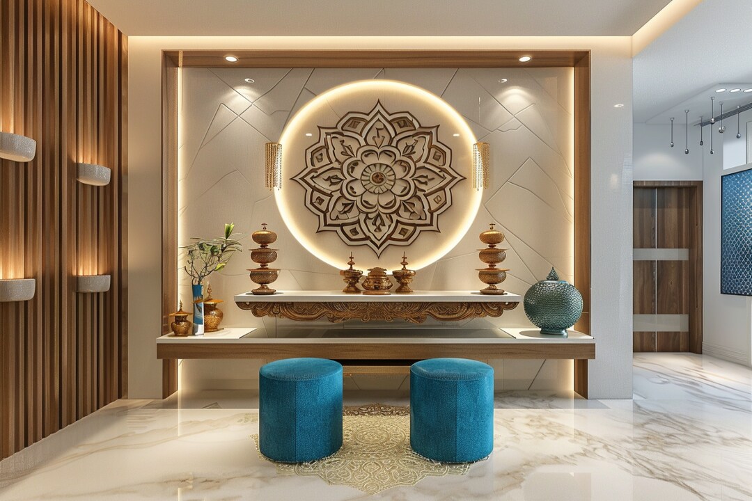 Contemporary Wall-Mounted Wood And White Pooja Room Design With Blue ...