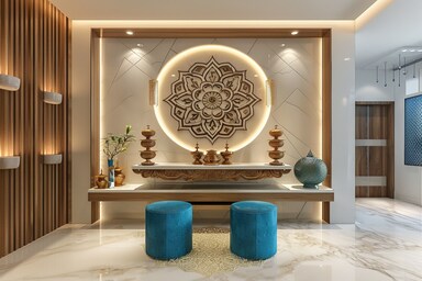 Contemporary Wall-Mounted Wood And White Pooja Room Design With Blue ...