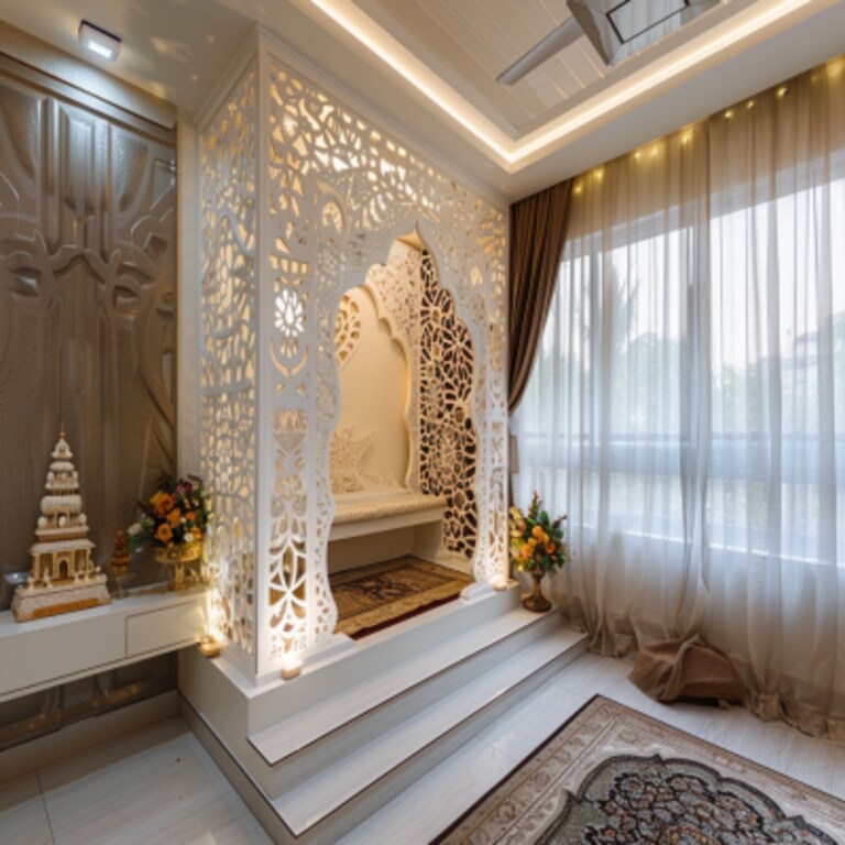 Contemporary Mandir Design With Frosty White Unit Contemporary Mandir Design With Frosty White Unit