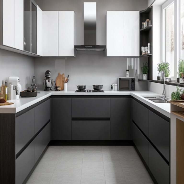 Modern All-White Glossy Modular U-Shaped Kitchen Design Modern All-White Glossy Modular U-Shaped Kitchen Design