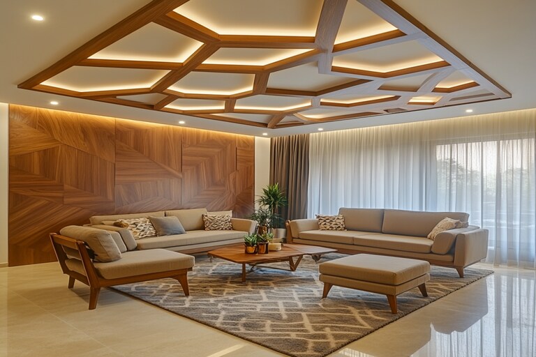 Transitional Geometric False Ceiling Design With Wood And Paint
