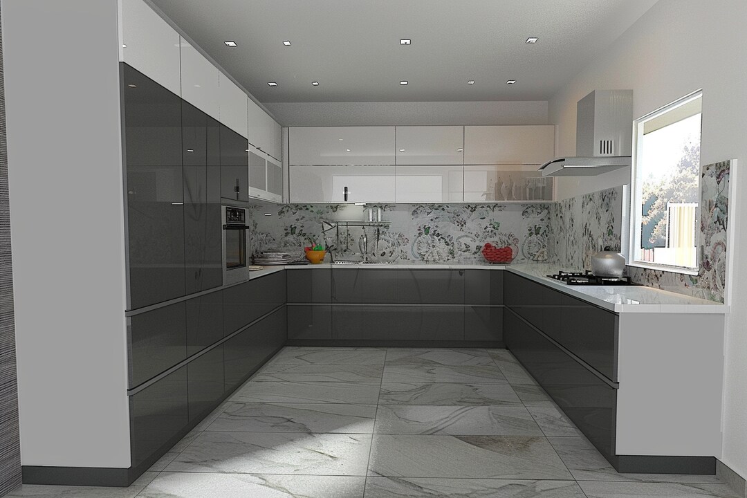 Contemporary Modular U-Shaped Grey And White Kitchen Design WIth 3D Floral Multicoloured Kitchen ...