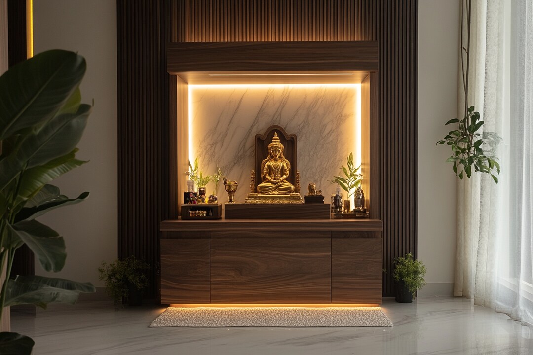 Simple And Compact Mandir Design With LED Lighting