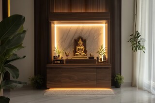 Simple And Compact Mandir Design With LED Lighting