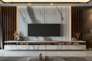 Grey And White Modern TV Unit Design With Wooden Fluted Panelling And ...