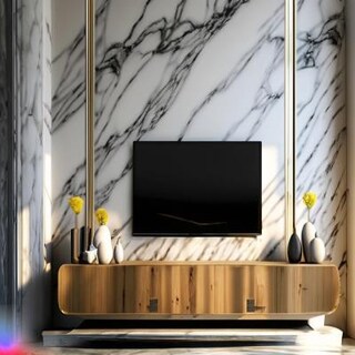 Modern Wood And White TV Unit Design With Spacious Marble Back Panel