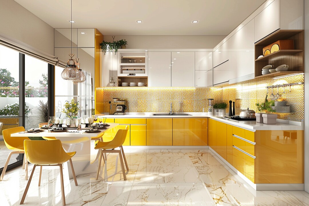 Modern Modular Open Kitchen Design With Champagne Toned And Marigold ...