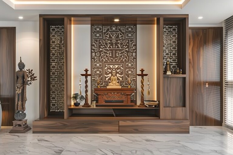 Modern Pooja Unit Design With Mystic Walnut Laminates And Ornate ...